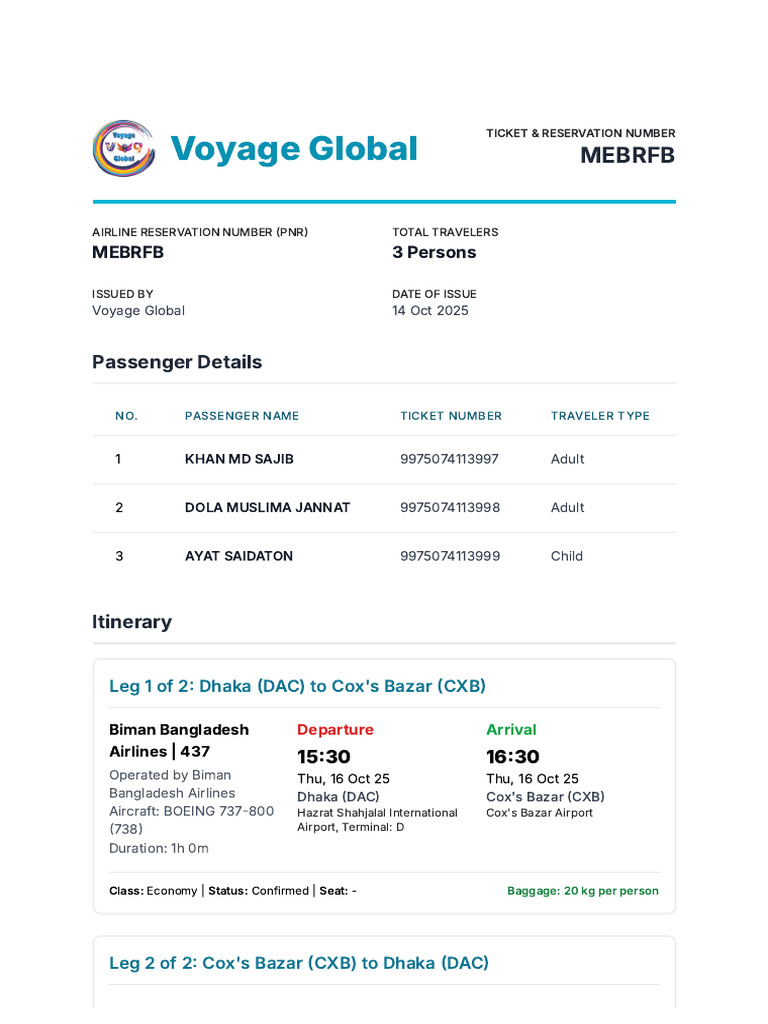 Voyage Global E-Ticket Print View | PDF | Civil Aviation | Transport