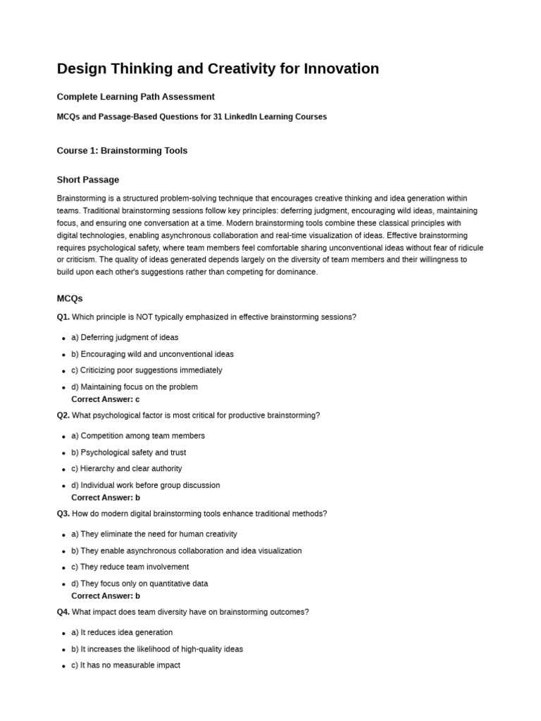 Design Thinking Creativity Innovation MCQs | PDF | Brainstorming ...