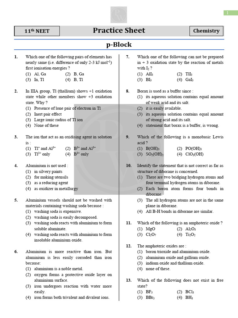 Practice Sheet-DPP Chemistry P-Block Ashra Mam Kamlesh (1) | PDF ...