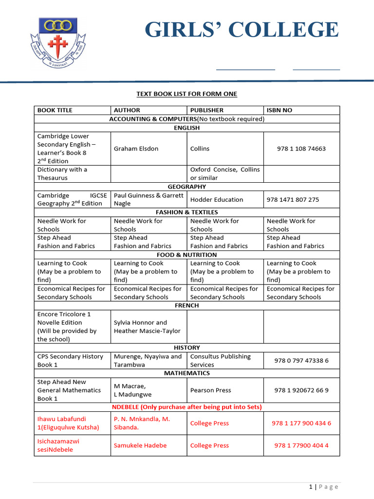 Form 1 - GC Textbook List | PDF