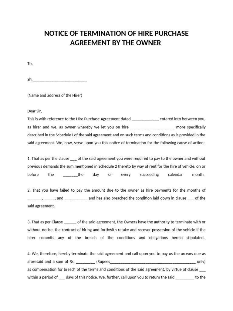 Notice of Termination of Hire Purchase Agreement by the Owner | PDF ...