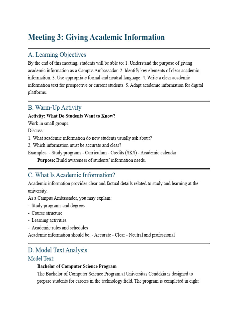 Meeting 3 Handout – Giving Academic Information | PDF | Verb | Curriculum