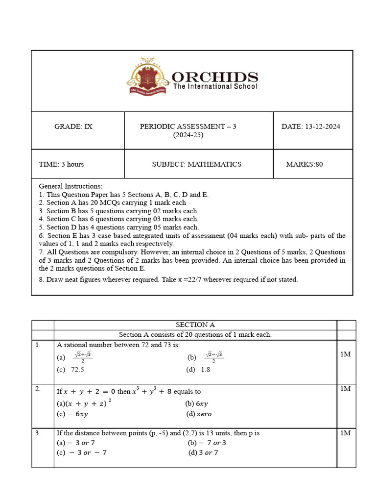 Grade 9 PA3 Maths 2024-25 | PDF | Rectangle | Angle