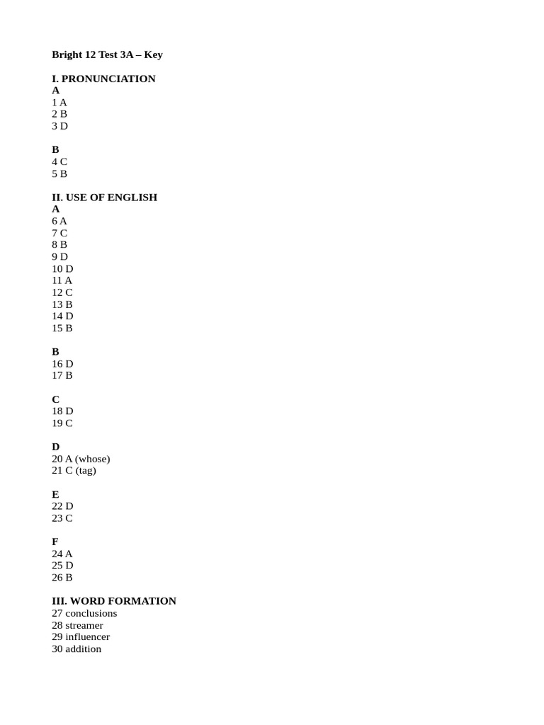Bright 12 Test 3A Answer Key (2!7!2024) | PDF