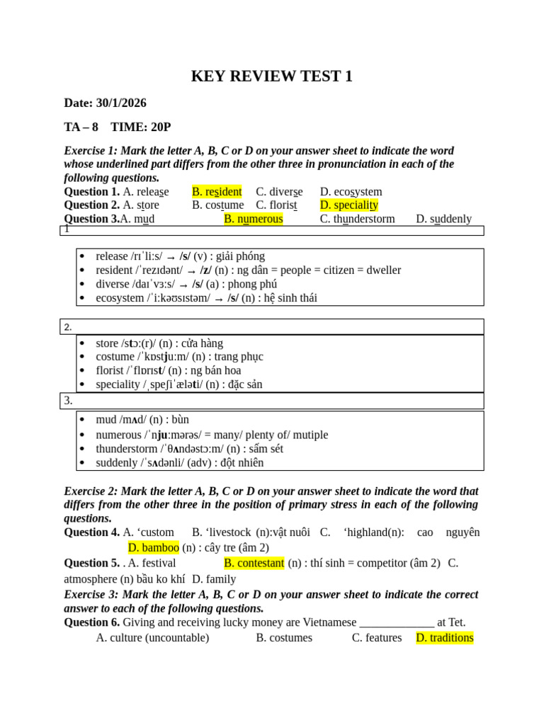 Key Review Test 1 (Ta 8) | PDF