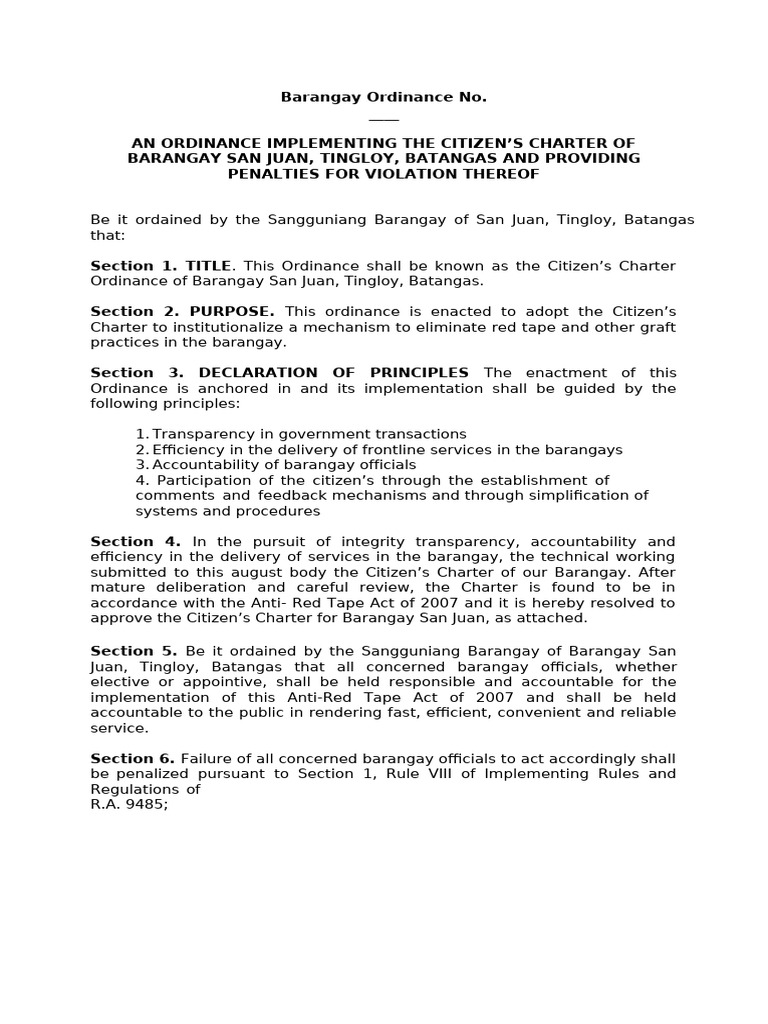 Sample Ordinance Implementing Citizen Charter of Barangay | PDF ...