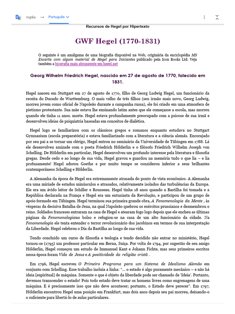 Biografia de Hegel | PDF | Dialética | Georg Wilhelm Friedrich Hegel
