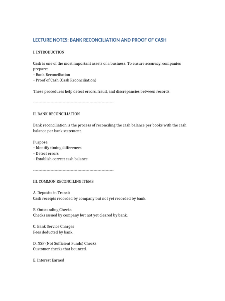 Bank Reconciliation and Proof of Cash Lecture Notes | PDF | Banks ...