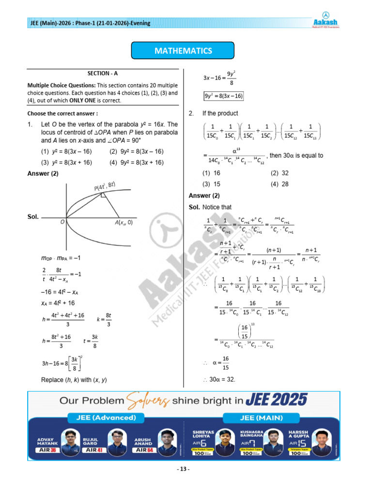 Answers&Solutions JEE (Main) - 2026 Ph-1 (21!01!2026) Evening Math ...