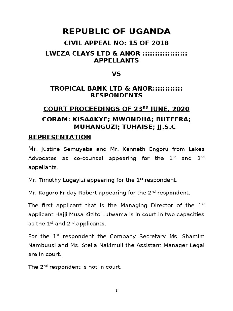 Civil Appeal No.15 of 2018 Lweza Clays LTD - Anor Vs Tropical Bank LTD ...