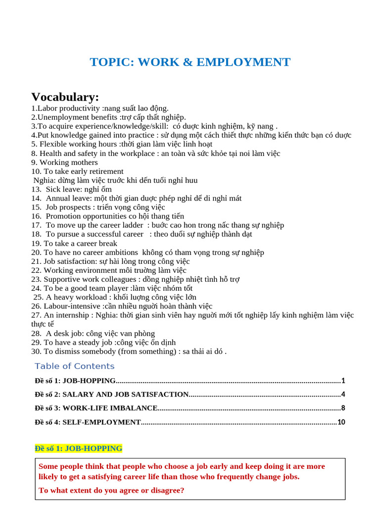 Luyện đề Writing Task 2 - Topic Work & Employment | PDF