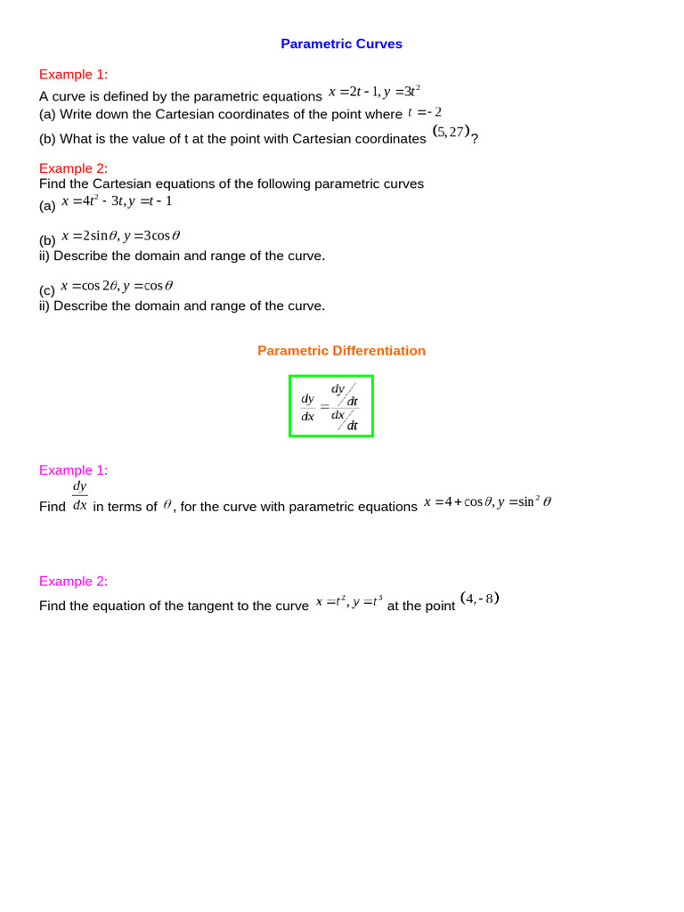 Parametric Curves and Differentiation 1 | PDF