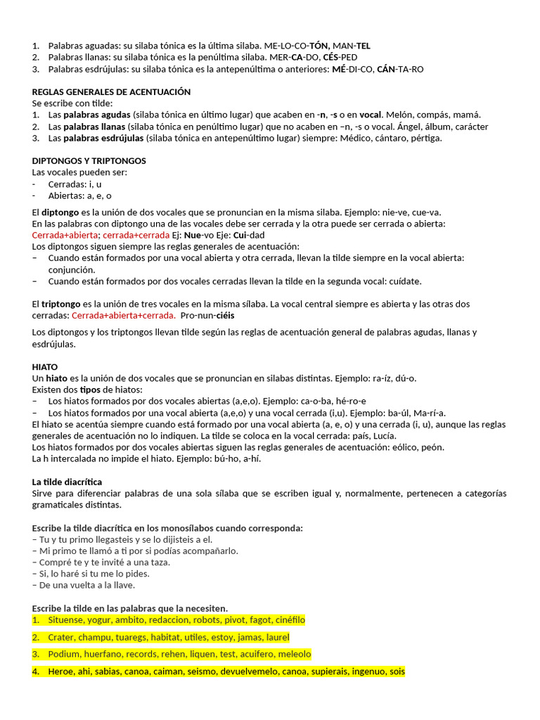 REGLAS DE ACENTUACIÓN Y EJERCICIOS DE DIPTONGOS, TRIPTONGOS E HIATOS ...