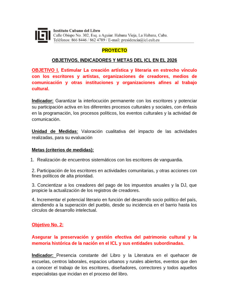 Propuesta de Objetivos Indicadores y Metas PLAN 2026 ICL(Niurka | PDF ...