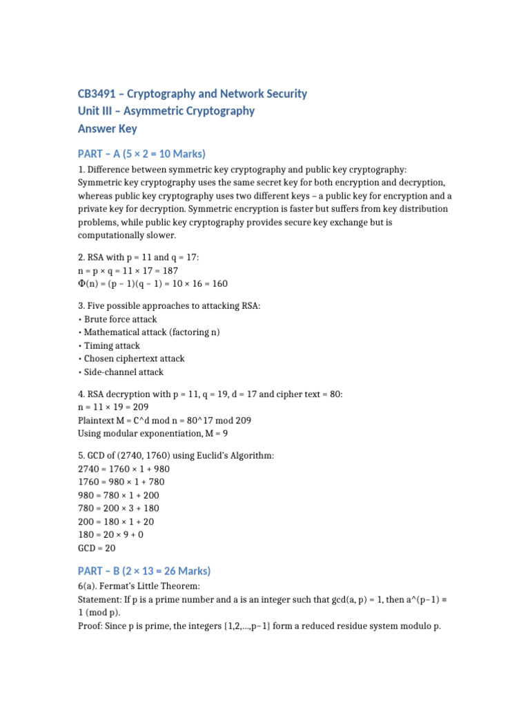 CB3491 Unit III Asymmetric Cryptography Answer Key | PDF | Cryptography ...