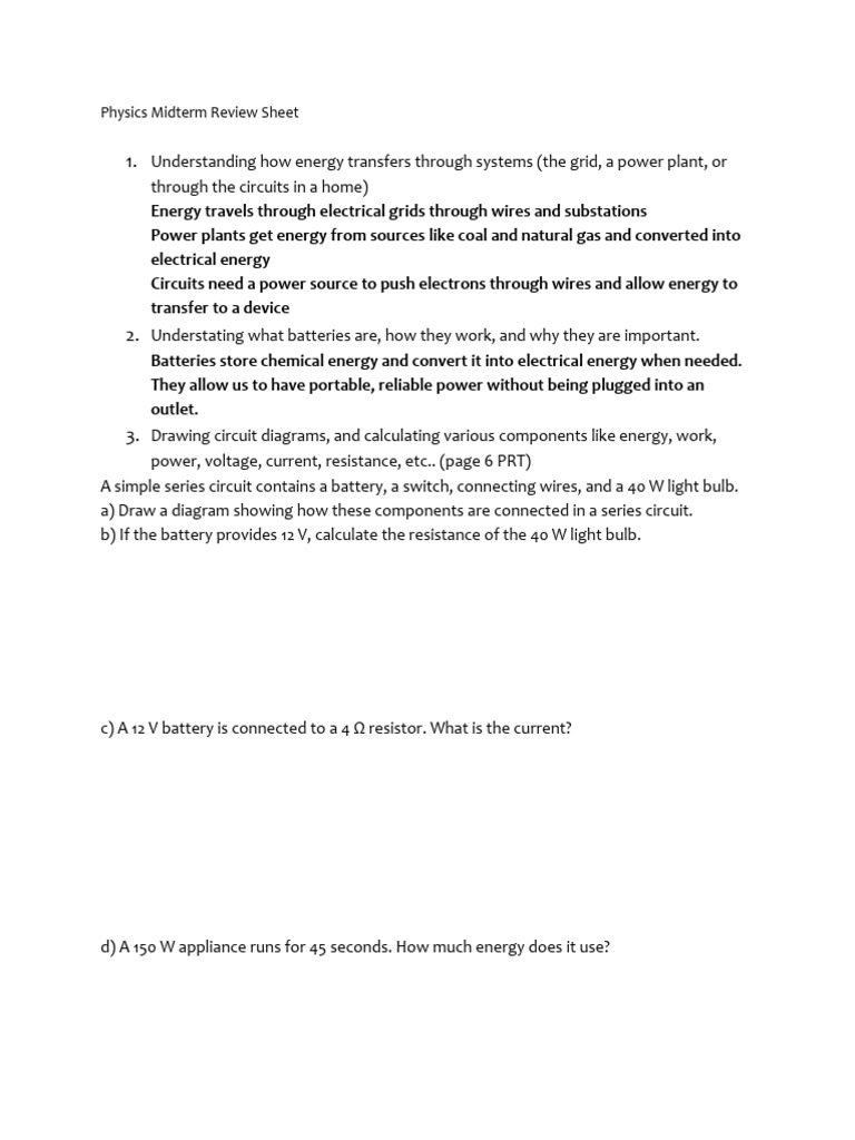 Physics Midterm Review Sheet | PDF | Velocity | Series And Parallel ...