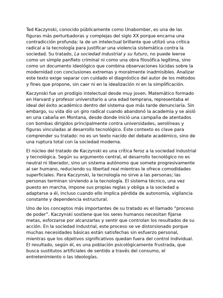 Ted Kazcynsky Unabomber Ensayo | PDF | Ideologías | Pensamiento