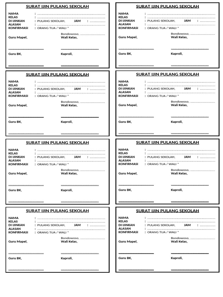 Surat Ijin Pulang Sekolah Fix | PDF