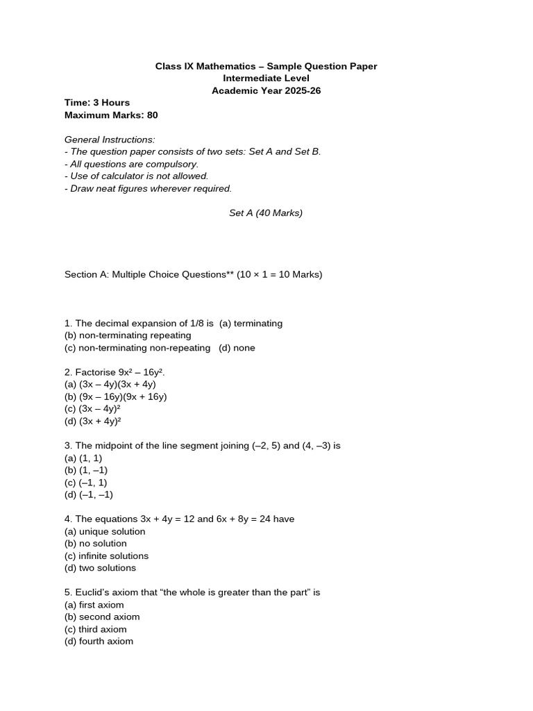 Class IX Mathematics - Sample Question Paper | PDF | Area | Circle