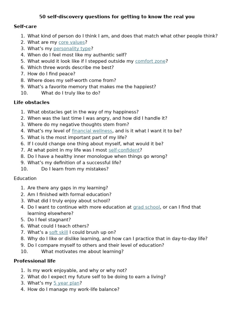 50 Self Reflection Questions | PDF | Psychological Concepts | Psychology