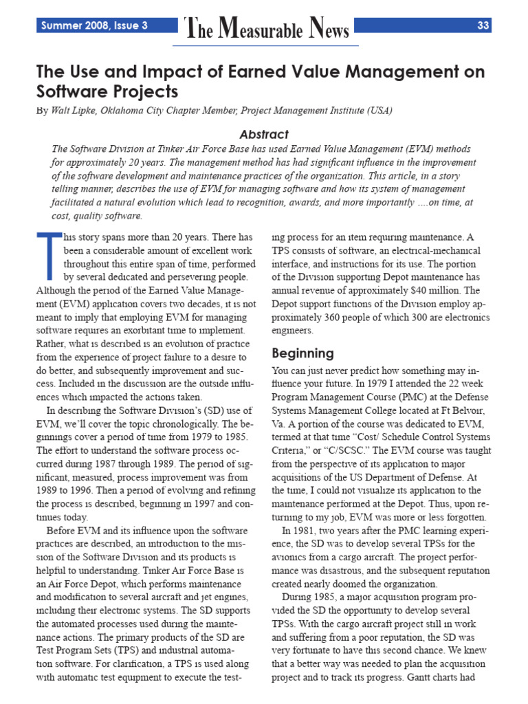 The Use and Impact of Earned Value Management On Software Projects ...