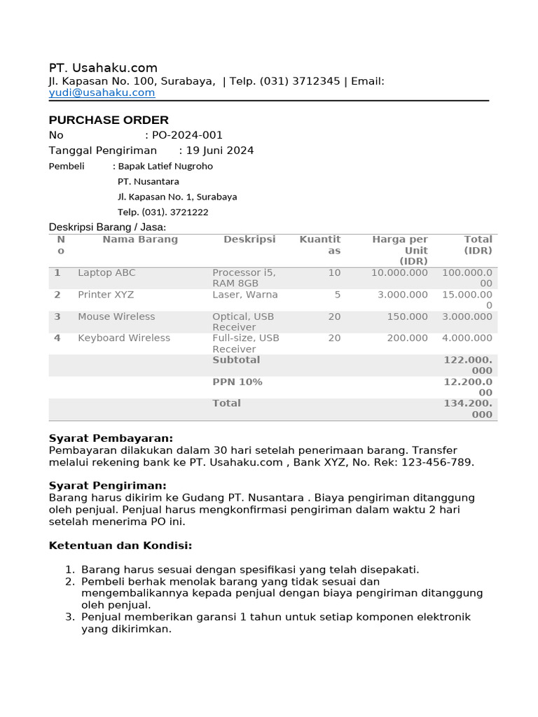 Contoh Dokumen Purchase Order | PDF