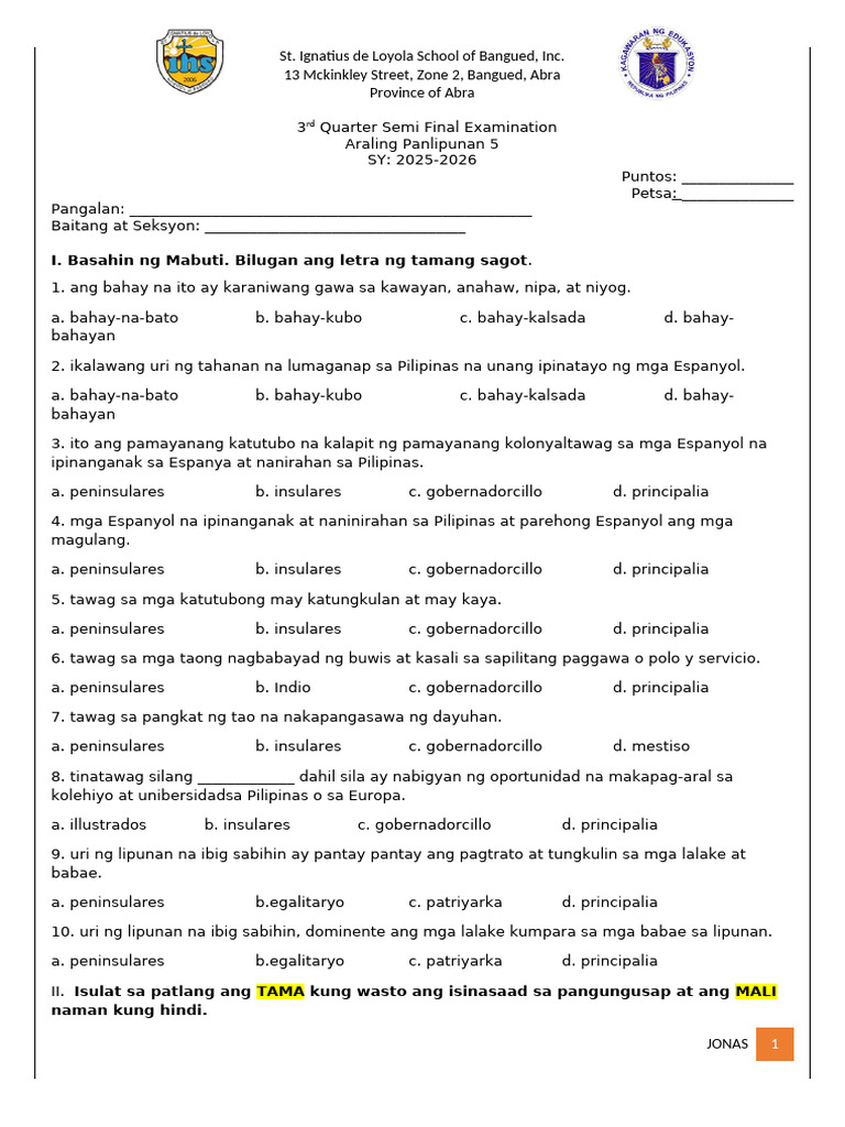 3rd Quarter Semi Final Examination AP 5 | PDF