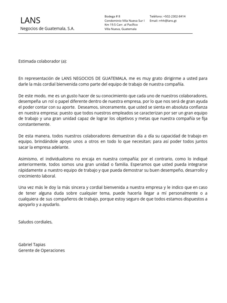 Carta de Bienvenida | PDF