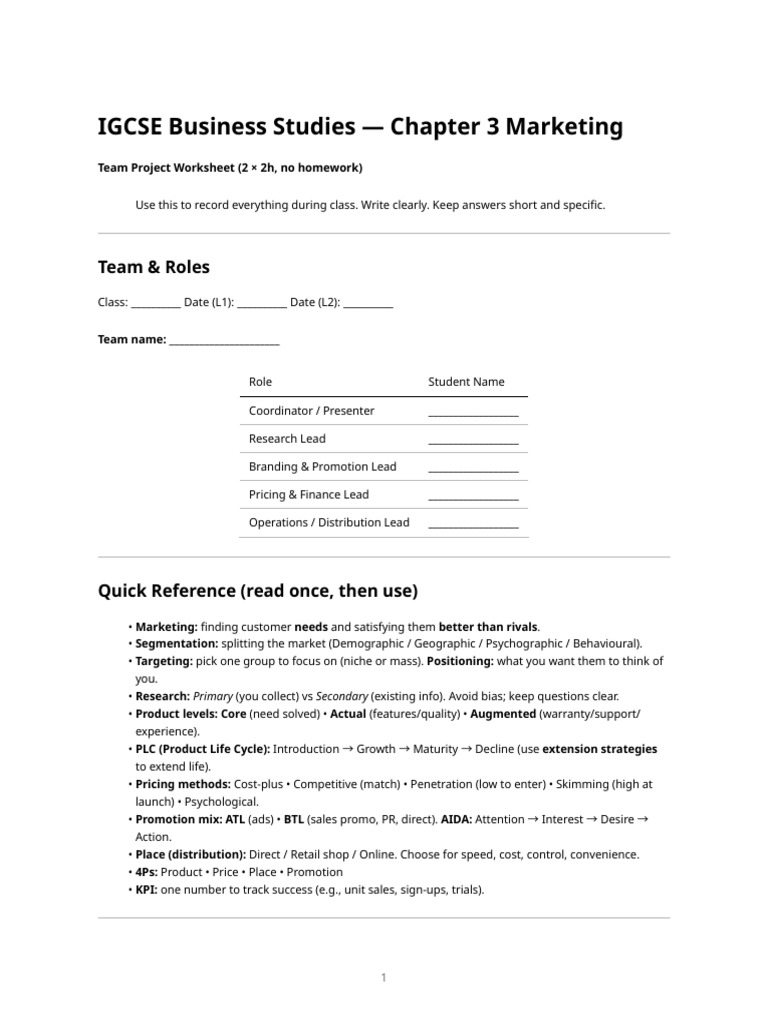 Igcse Business Studies - Chapter 3 Marketing - Team Project Worksheet ...