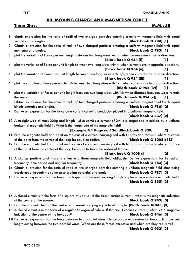 Xii. Moving Charge and Magnetism Core 1 (o.2) (1) | PDF | Magnetic ...