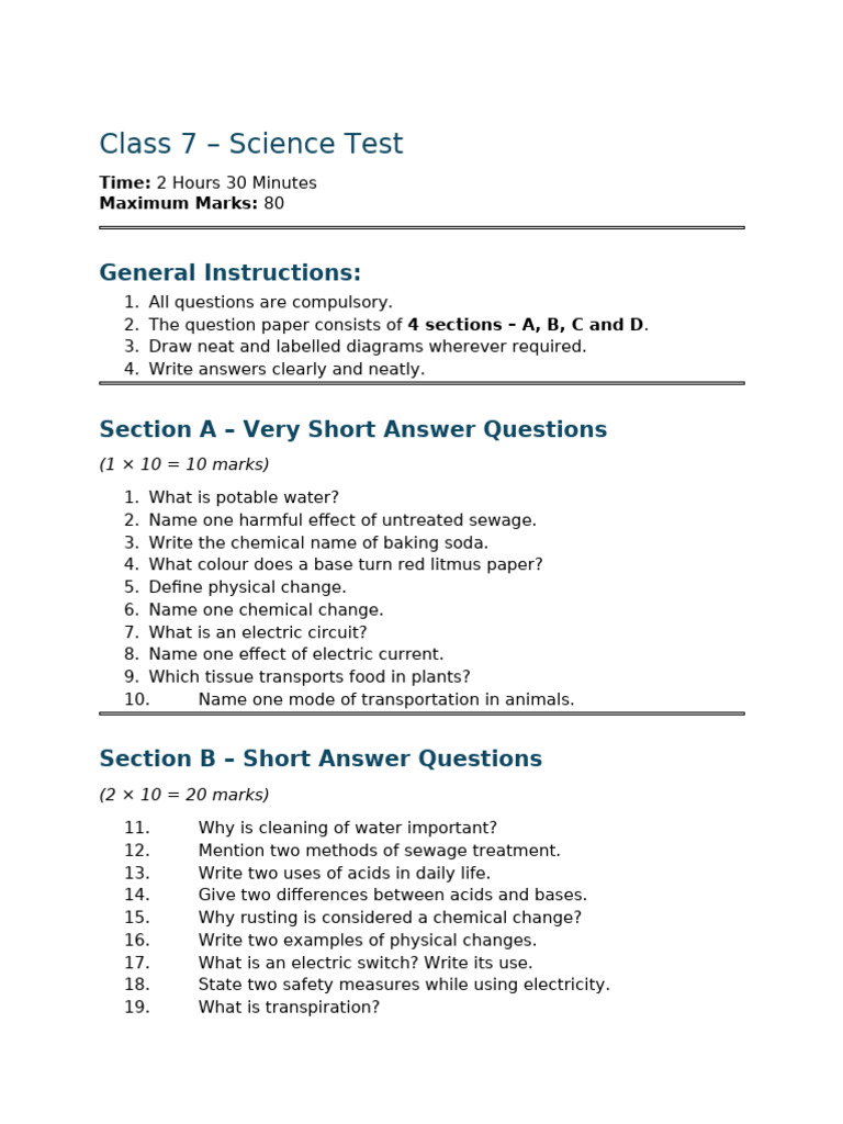 Class 7 Science Test - 80 Marks | PDF | Water