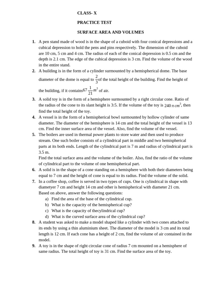 Practice Test Surface Area and Volumes | PDF | Sphere | Volume