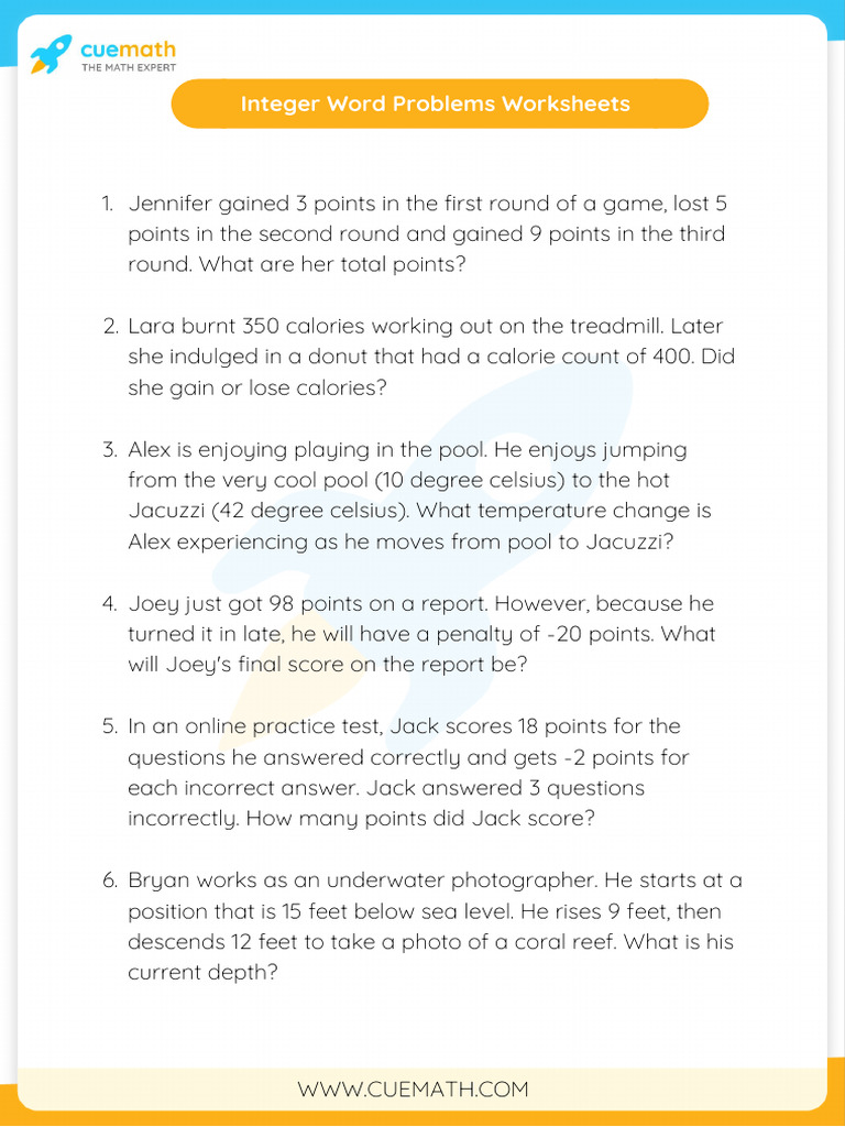 Integer Word Problems Worksheet 3 | PDF