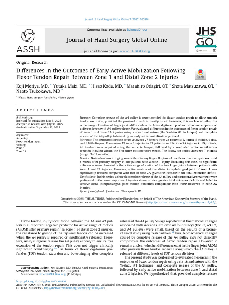 Flexor Tendon Repair Between Zone 1 and Distal Zone 2 Injuries | PDF ...