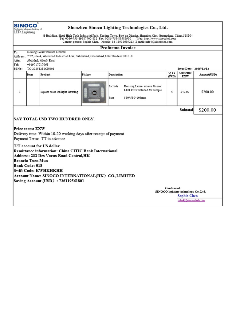 Sinoco PI of Sinoco Led Lamp Housing Sample 2025.12.12 | PDF | Business ...