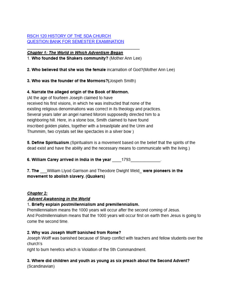 HISTORY OF THE SDA CHURCH - Question Bank & Answer | PDF | Seventh Day ...