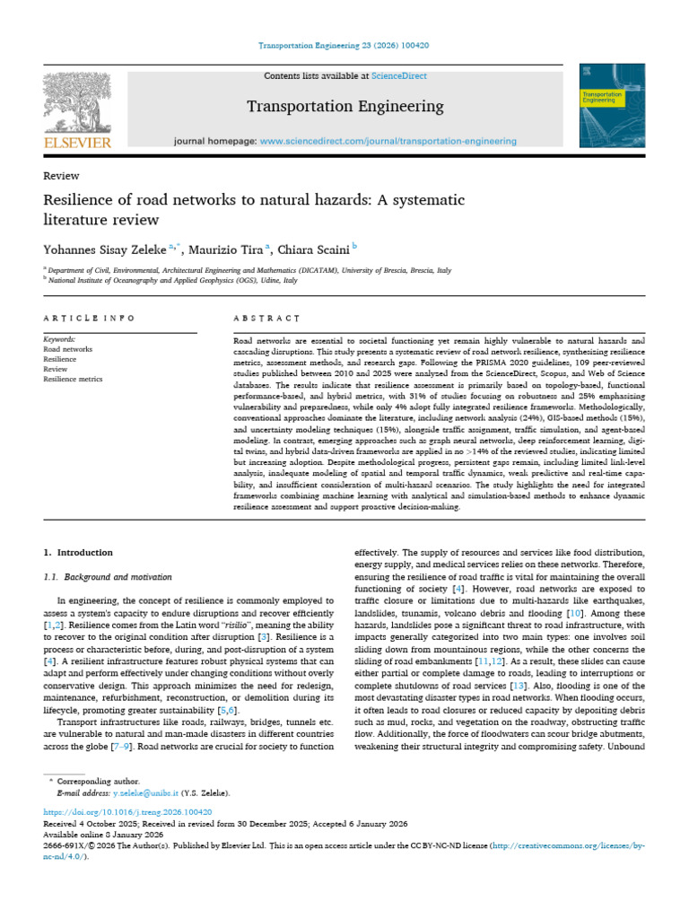 Resilience of Road Networks To Natural Hazards A Sys 2026 ...