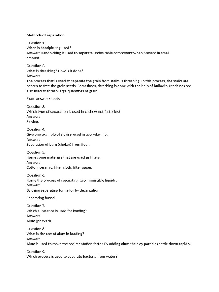 Methods of Separation | PDF | Filtration | Solubility