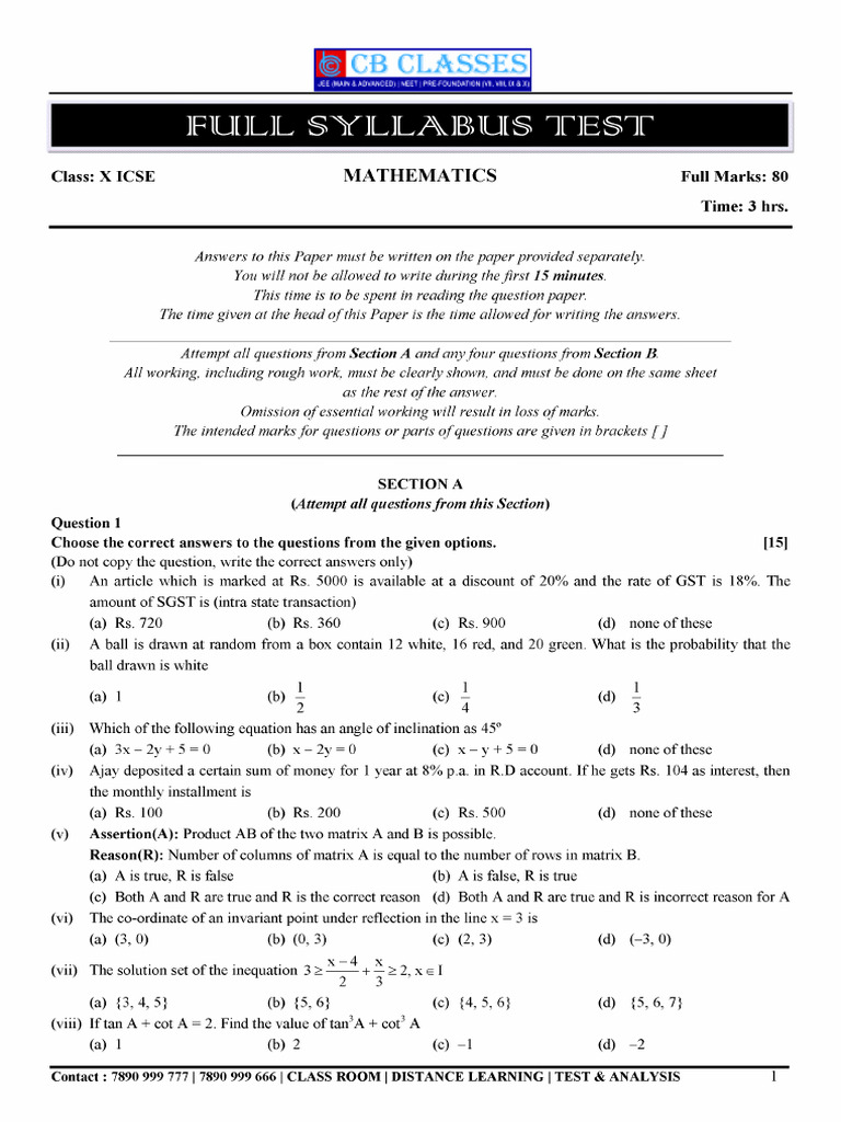Mathematics Full Syllabus Test ICSE X | PDF