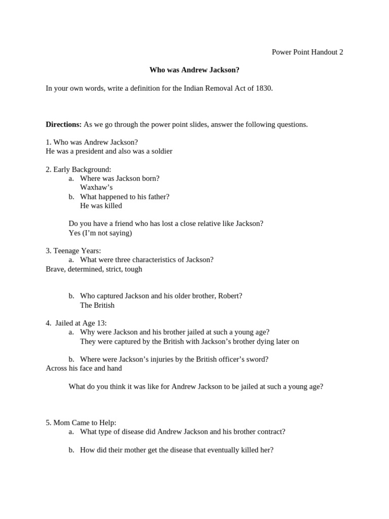 Andrew Jackson Worksheet | PDF | Andrew Jackson | Chess