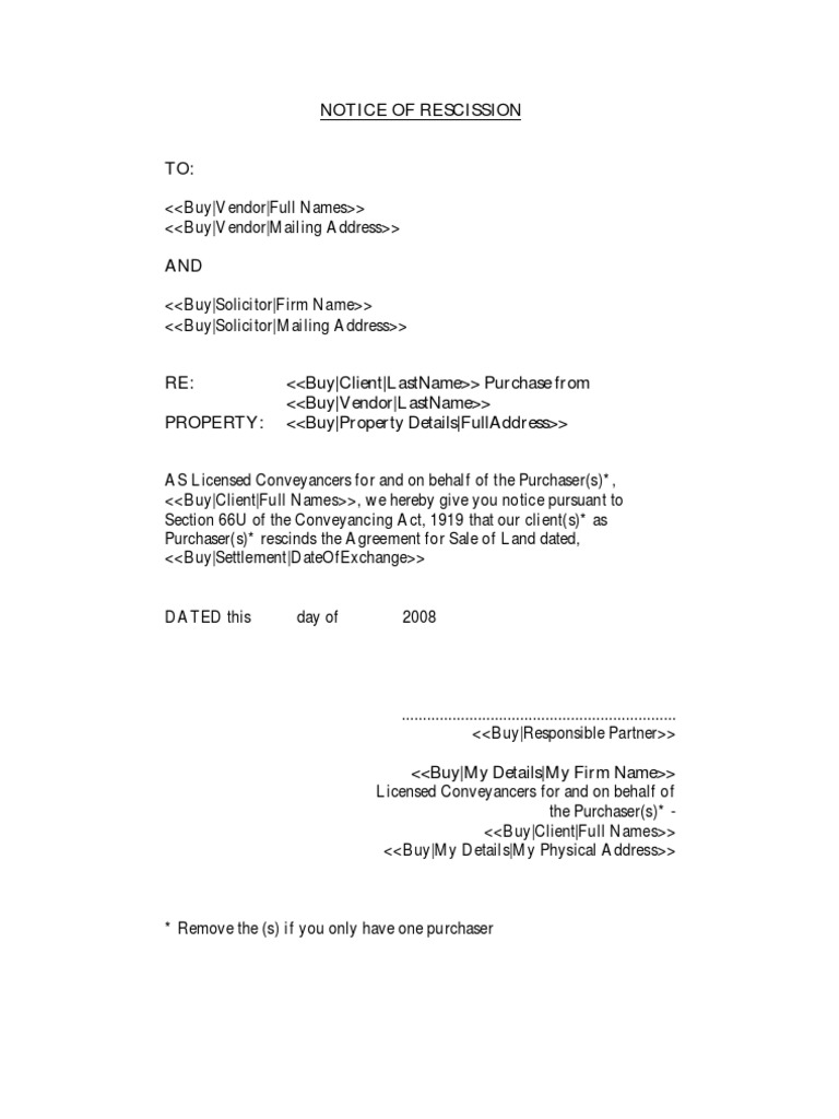 Bcl016 Notice of Rescission For Conveyancers | PDF