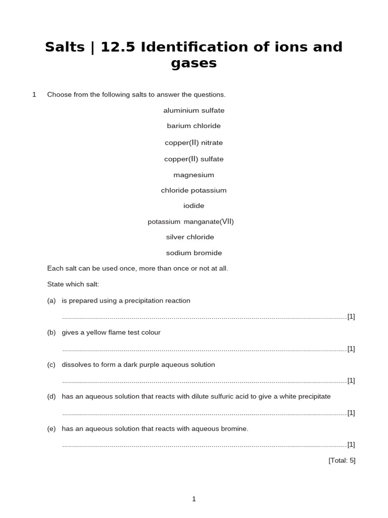 Chemistry Worksheet (Ion Detection) | PDF | Salt (Chemistry ...