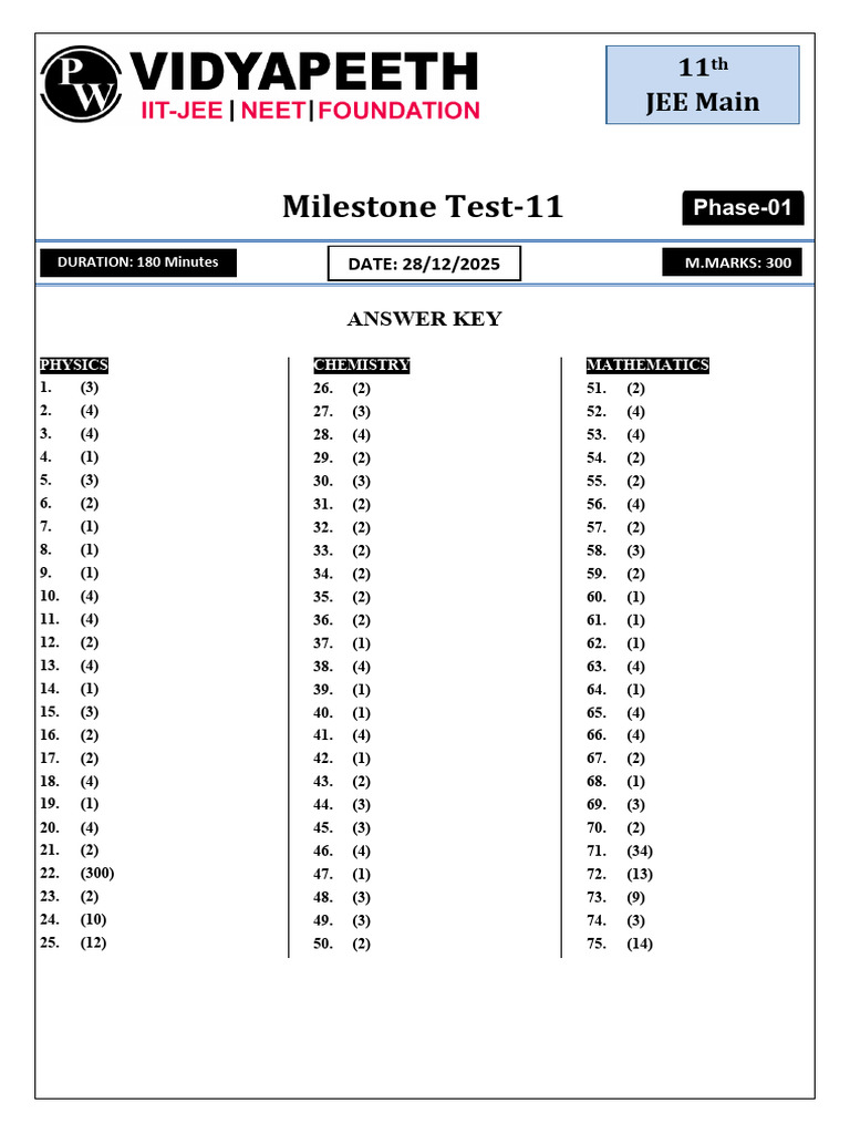 Milestone Test-11 Class-11th Phase-01 Main 28-12-2025 Solution | PDF ...
