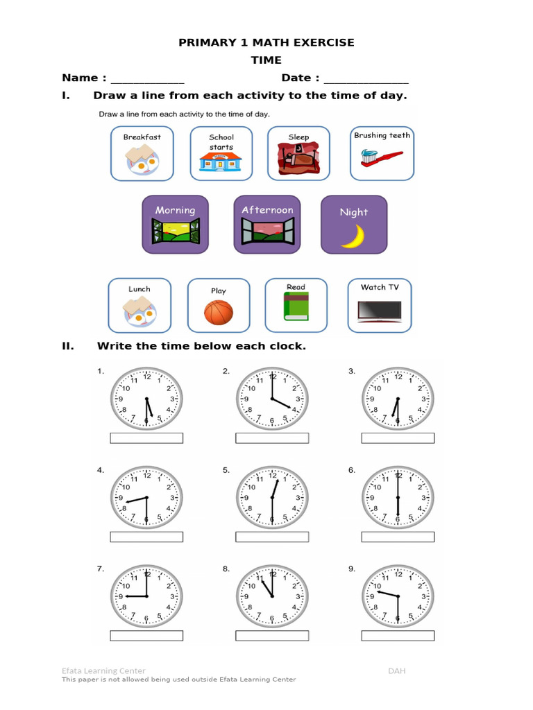 Primary 1 Math Exercise Time | PDF