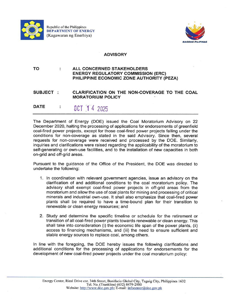 DOE Clarification of Coal Moratorium 2025 | PDF