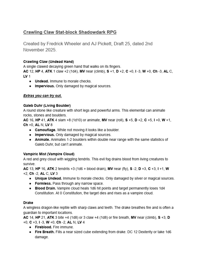 Crawling Claw Stat-Block Shadowdark RPG | PDF