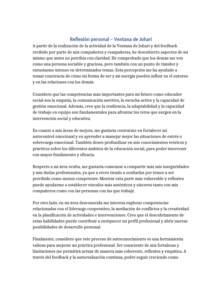 Reflexión Personal Ventana de Johari | PDF