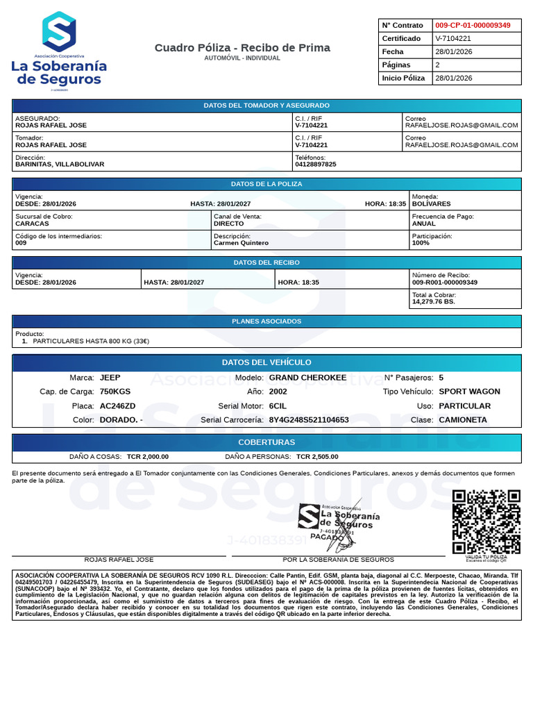 Contrato (Ac246zd, Rojas Rafael Jose, 7104221) | PDF | Póliza de ...
