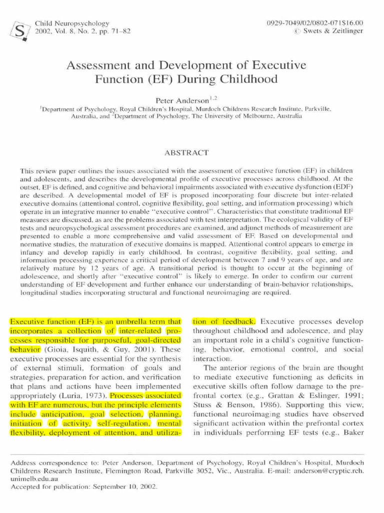 Assessment and Development of Execurtive Function During Childhood ...