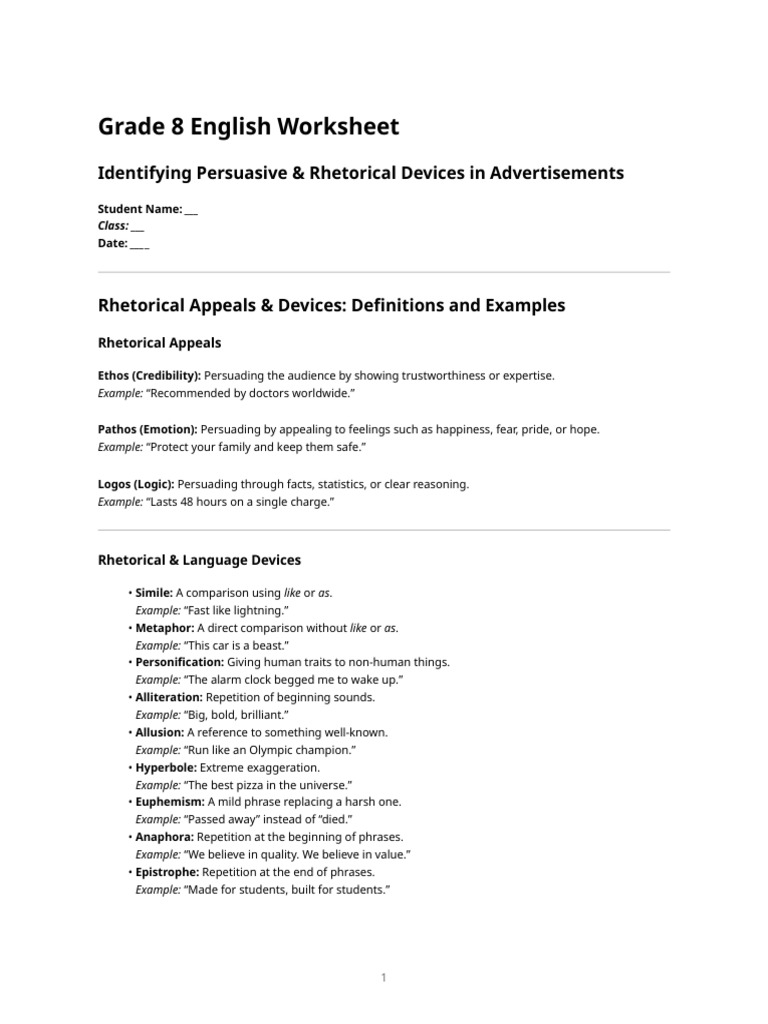 Grade 8 Worksheet - Identifying Persuasive Techniques in Advertisements ...
